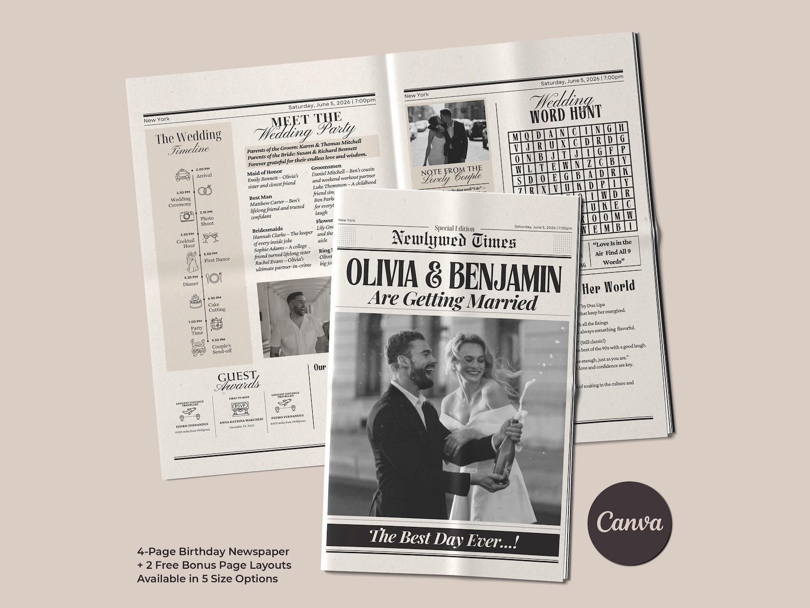 Editable Wedding Newspaper Template, Photo Program, Newlywed Times - Etsy