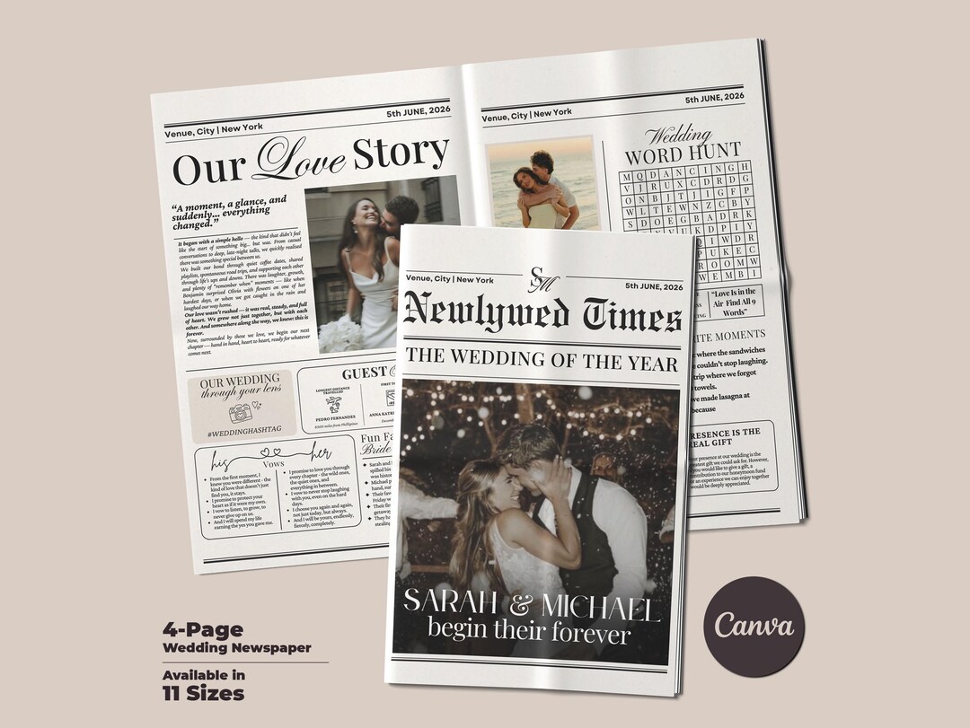 Wedding Newspaper Template With Photo, Editable Wedding Program ...