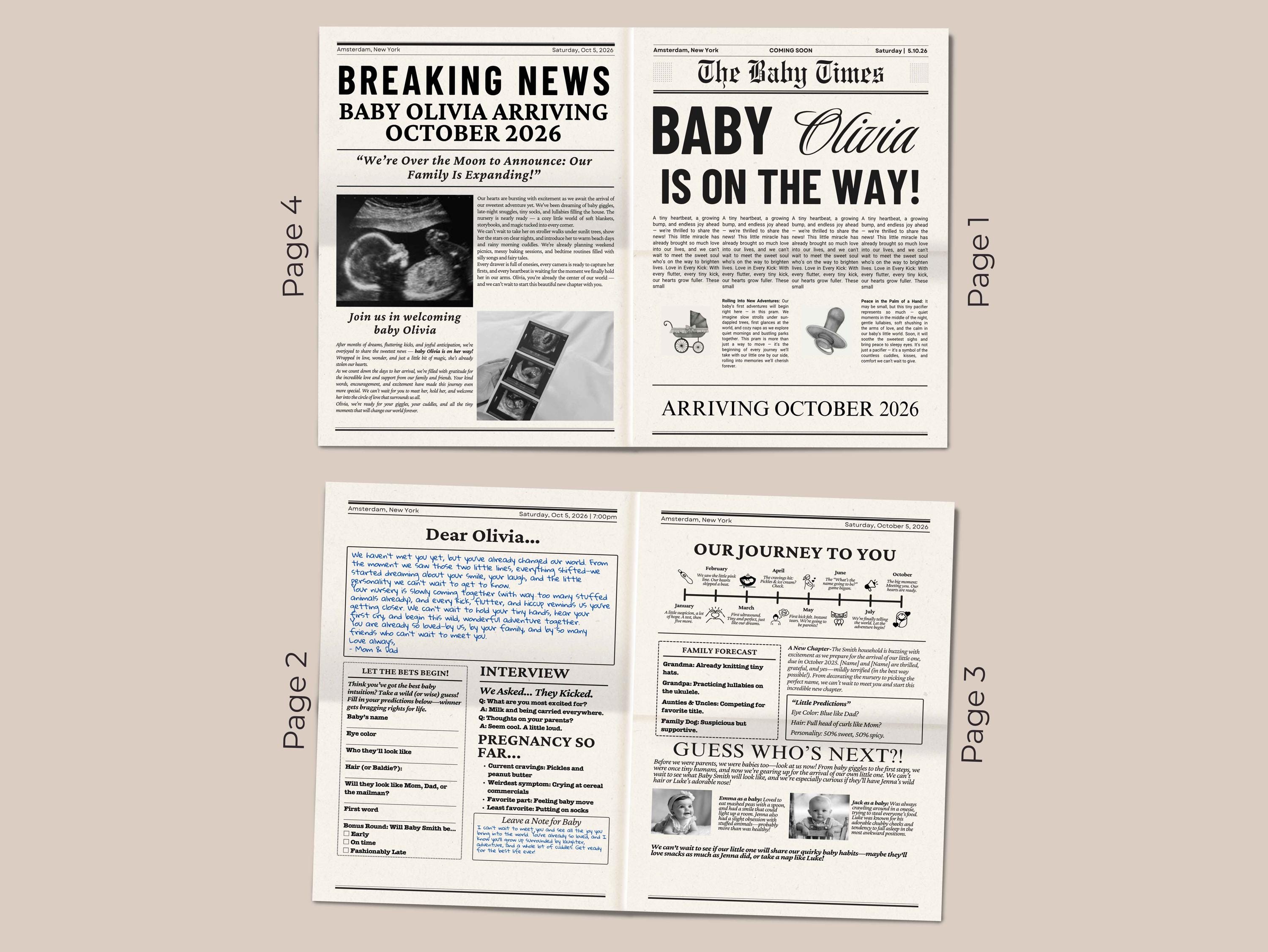 Pregnancy Announcement Newspaper Canva Template, Baby Announcement ...