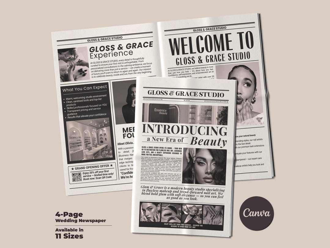 Beauty Studio Newspaper Template, Vintage Business Announcement (canva ...
