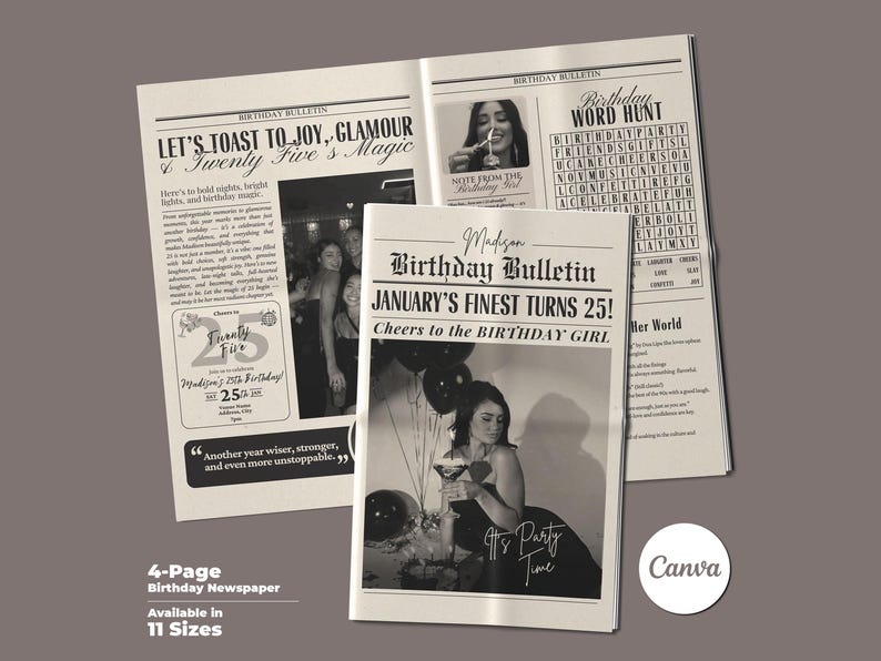 Canva 25 Birthday Party Invite Newspaper Template, Editable Newspaper ...