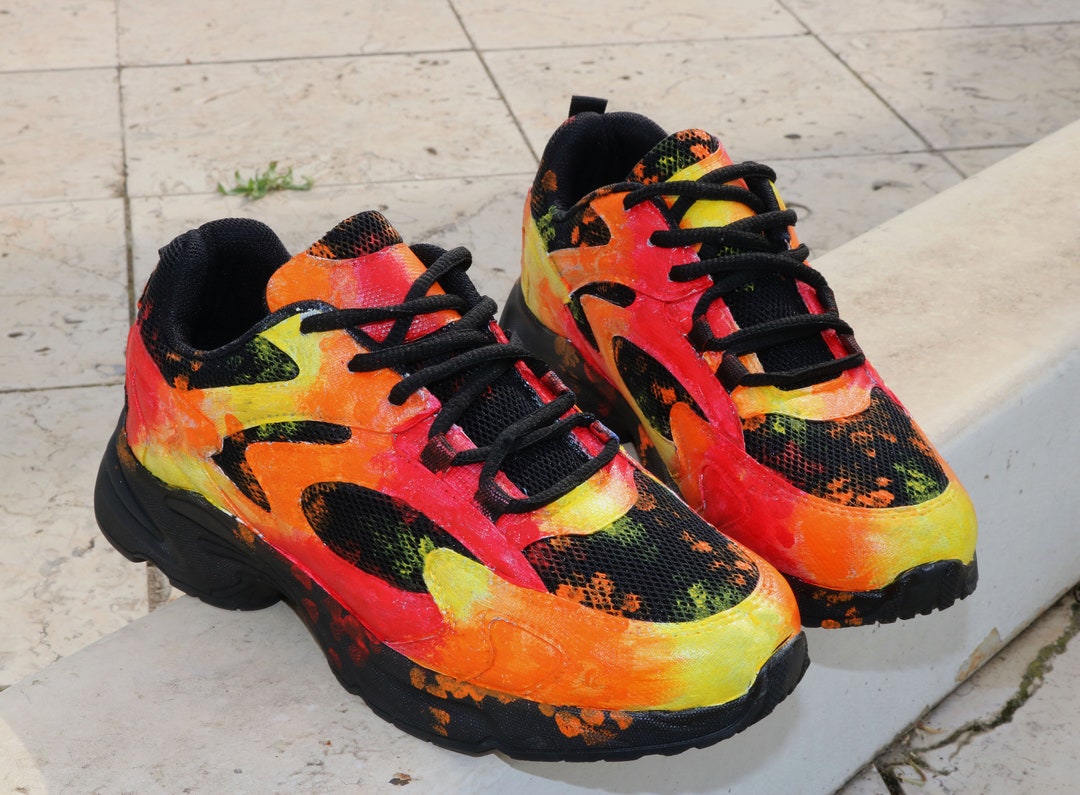 Flaming Inferno Hand Painted Sneakers Bright Yellow Red - Etsy