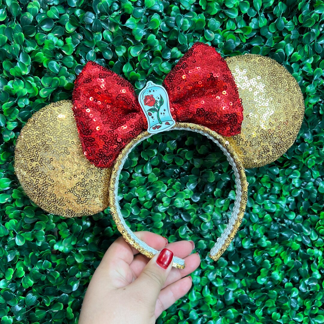 Beauty Gold Sequin Ears, Gold Sequin Ears Red Bow, Enchanted Rose Ears ...
