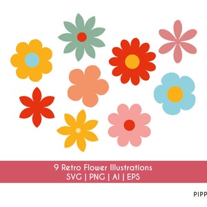 Retro Flowers SVG Bundle | Daisy Flower Clipart | Digital Download ...