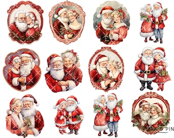 Santa and Mrs Claus Watercolor Clipart Bundle PNG for Sublimation, Pink ...