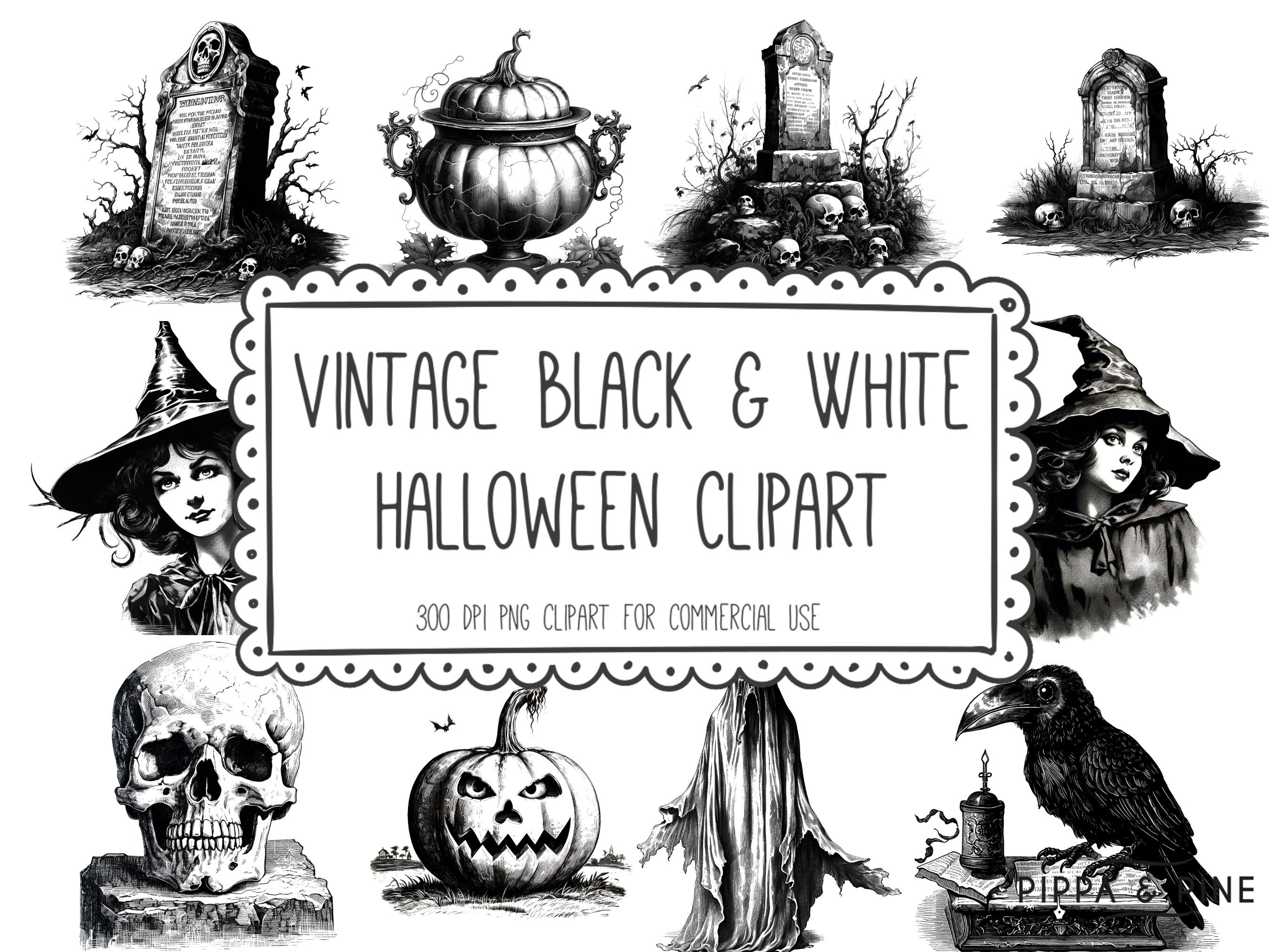 Vintage Black and White Halloween Clipart - Halloween PNG Instant ...