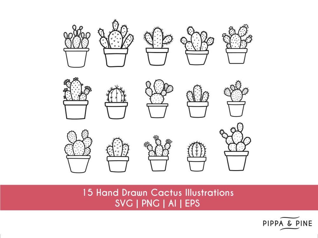 Hand Drawn Cactus SVG Bundle | 15 Potted Cacti Designs | Cactus Clipart ...