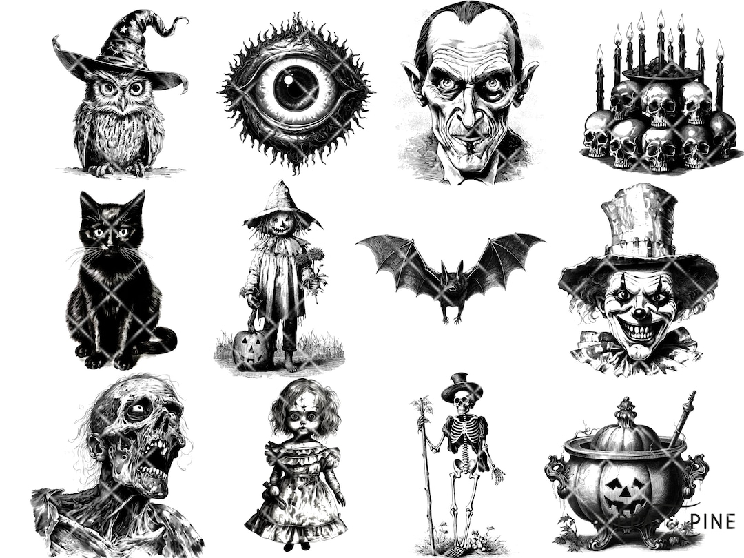 Vintage Black and White Halloween Clipart - Halloween PNG Instant ...