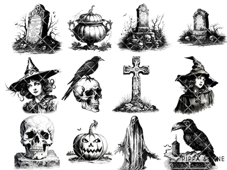 Vintage Black and White Halloween Clipart - Halloween PNG Instant ...
