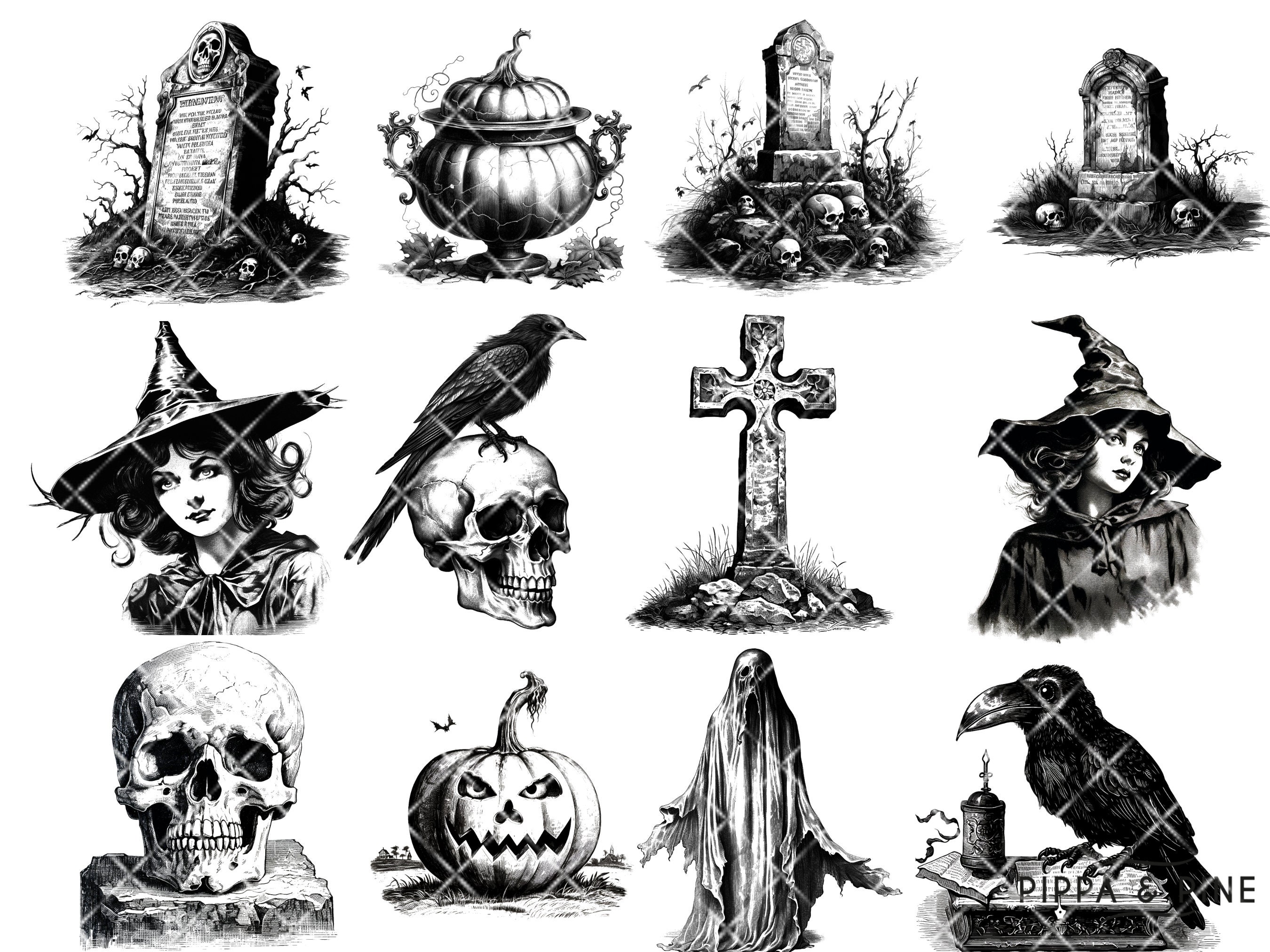 Vintage Black and White Halloween Clipart - Halloween PNG Instant ...