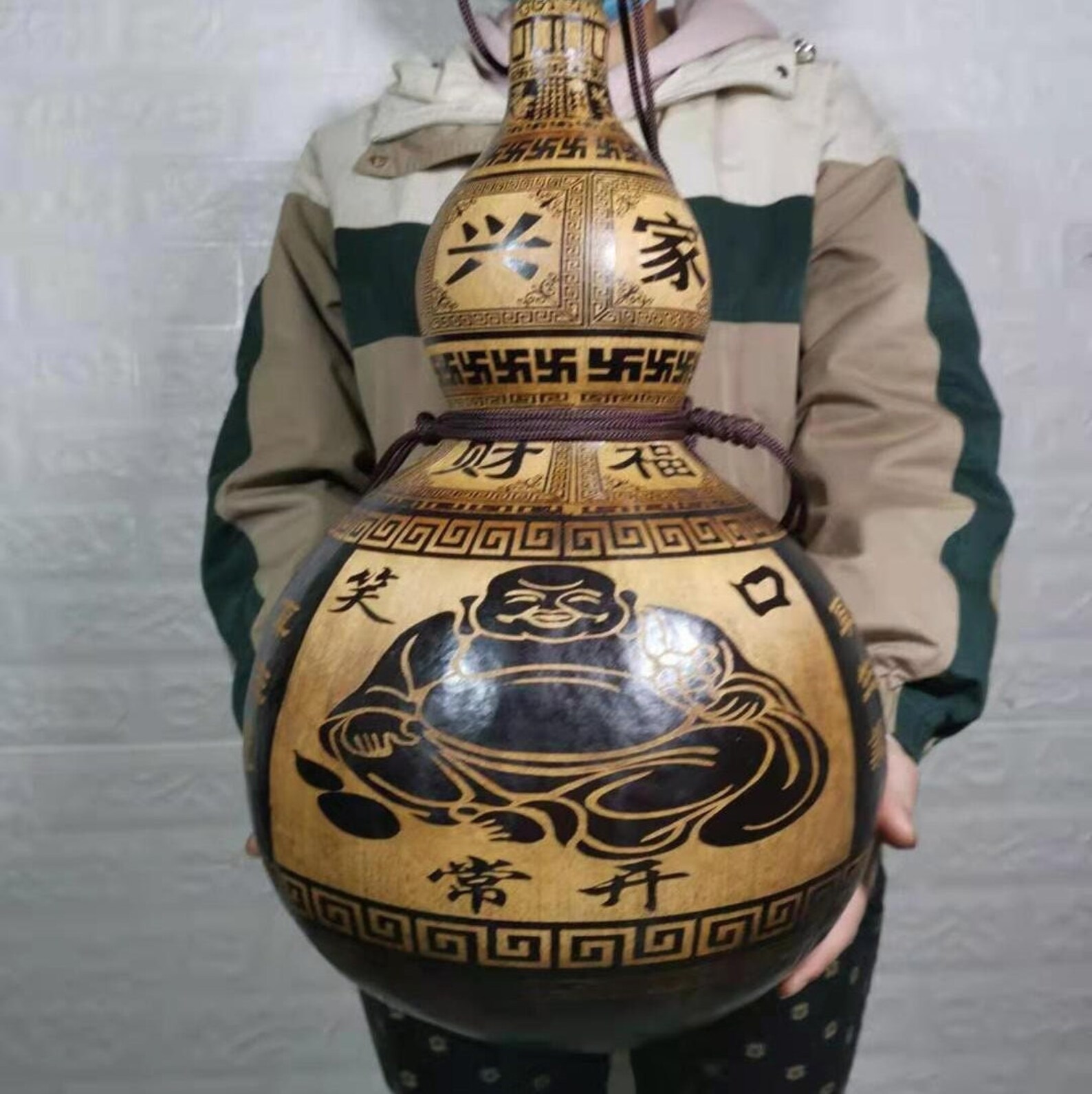 Engraved Gourd Water Bottle: Maitreya Buddha Design, Chinese Craft - Etsy