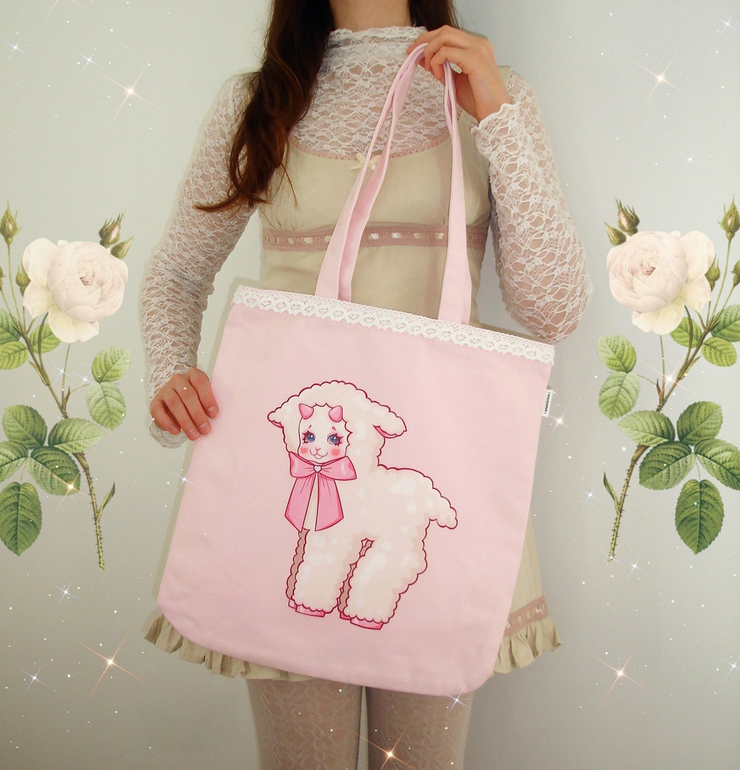 Kawaii Dainty Retro Lamb Tote Bag, Cute Pastel Coquette Aesthetic ...