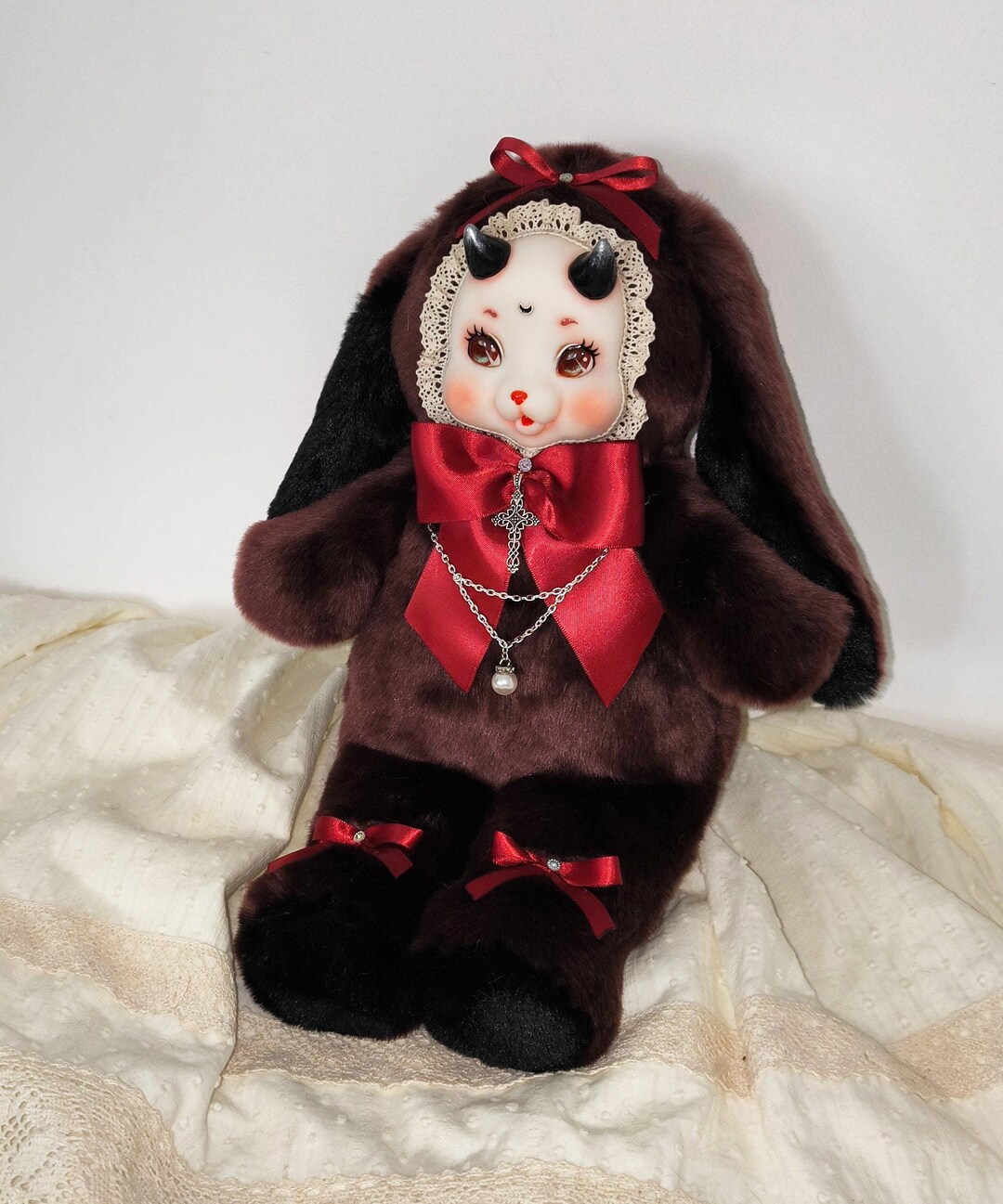 Cute Large Gothic Bunny Plush dark Red Bows, Kawaii Devil Rabbit ...