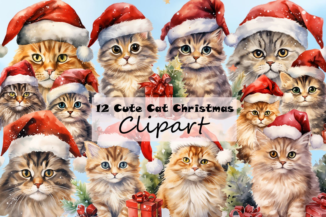 Watercolor Santa Cats Clipart Cute Christmas Cats and - Etsy