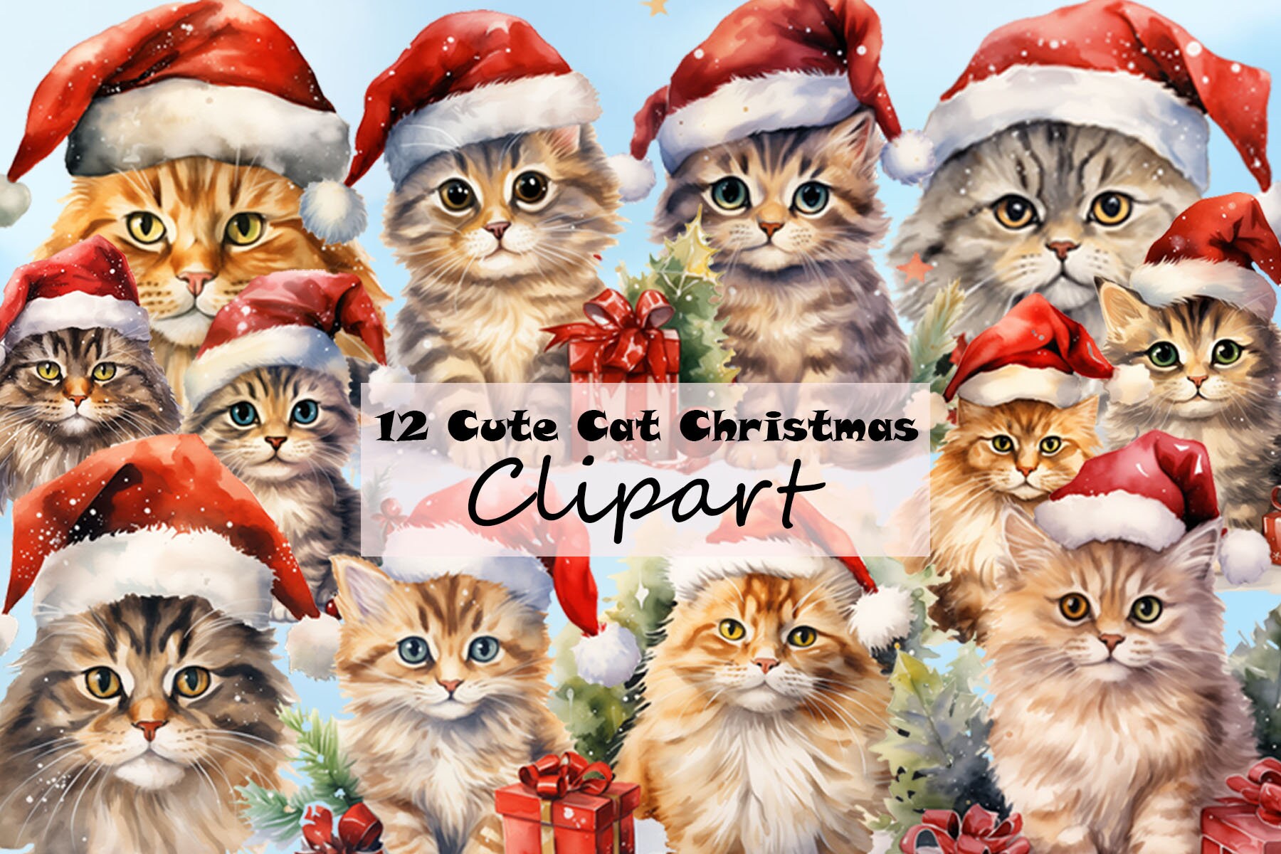 Watercolor Santa Cats Clipart Cute Christmas Cats and - Etsy