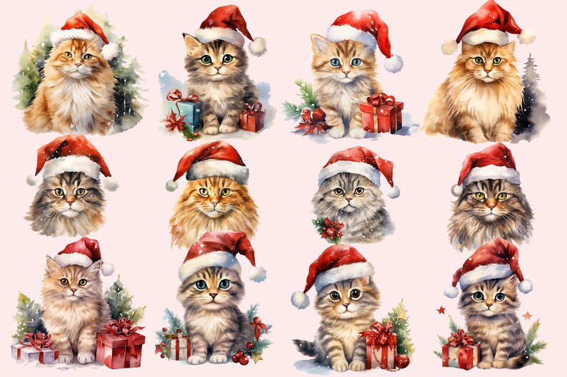 Watercolor Santa Cats Clipart Cute Christmas Cats and - Etsy