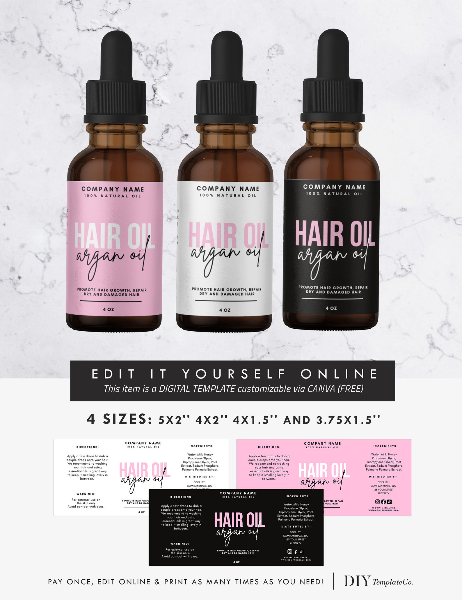 Printable Hair Oil Labels, Bottle Dropper Procuct Lablel, Hair Growth ...