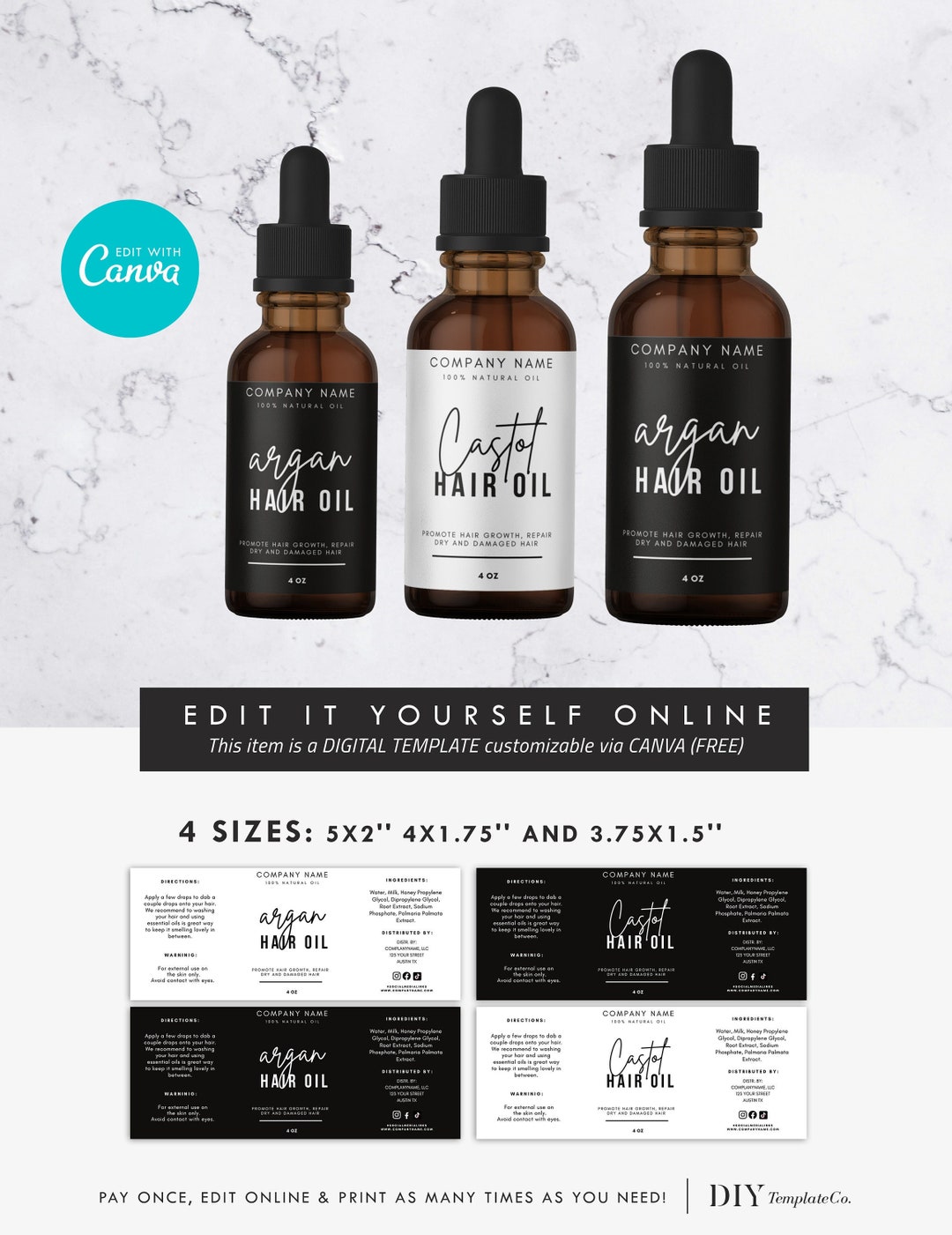 Canva Hair Oil Labels, Editable Procuct Lablel, Prinatble Hair Growth ...
