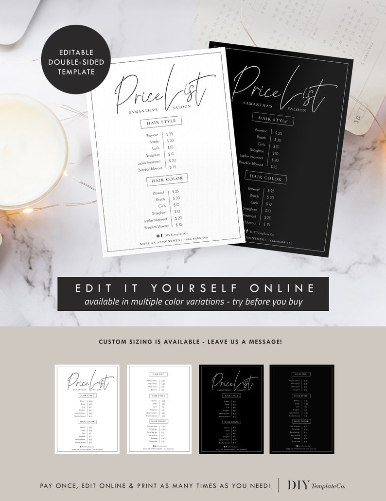 DIY Editable Price List Template Printable Price Guide | Etsy