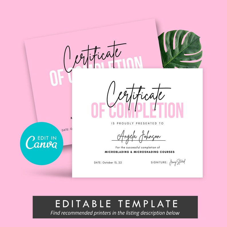 Certificate of Completion Template, Editable Achievement Certificate, Pink DIY Lash Brow Salon ...