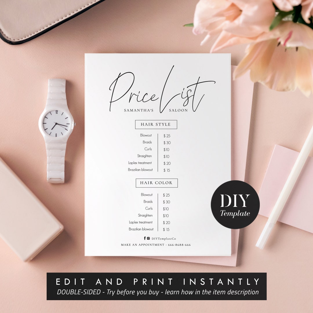 DIY Editable Price List Template | Printable Price Guide | Menu ...