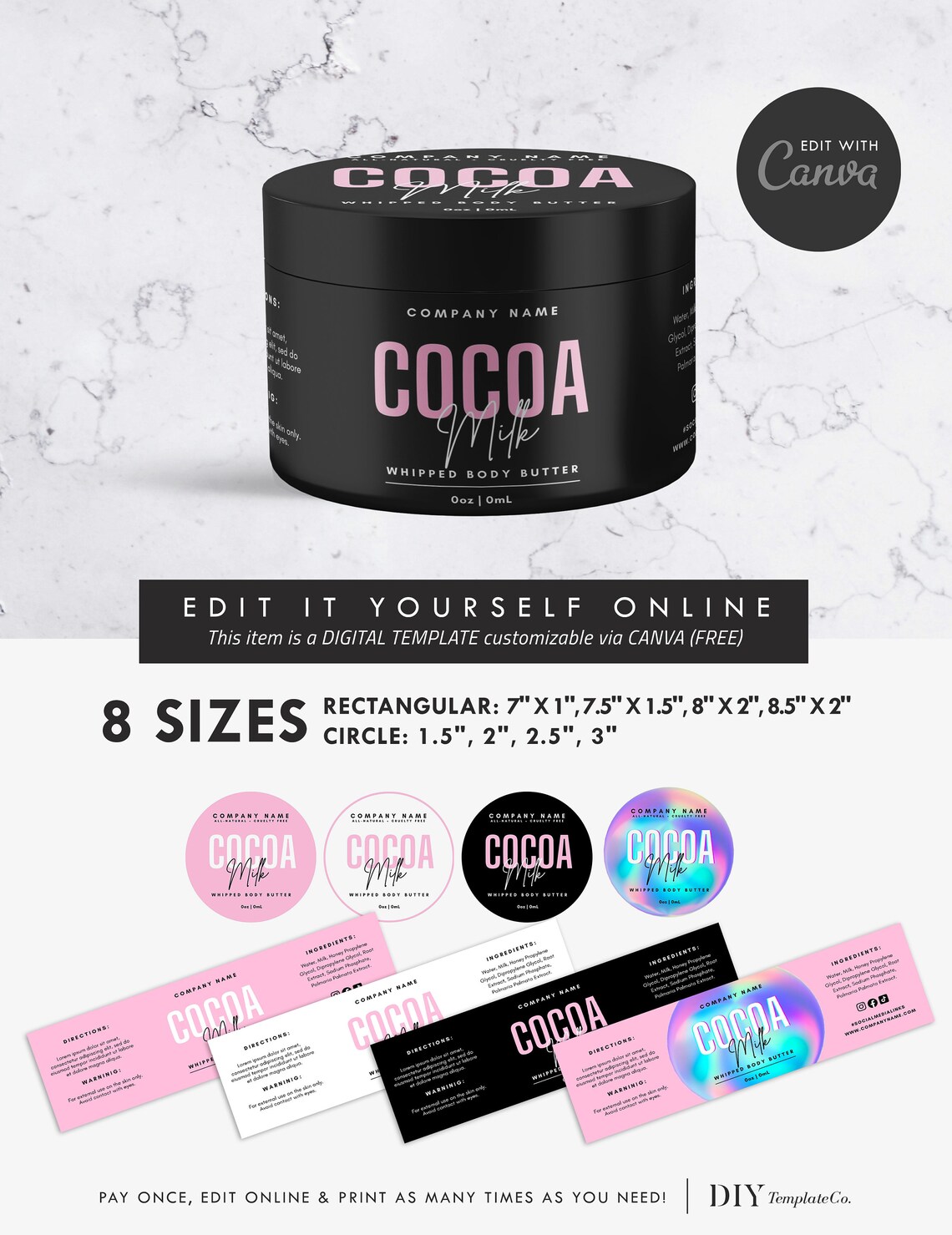 Body Product Jar Label, DIY Wrap Around Label + Lid Labels, CANVA ...