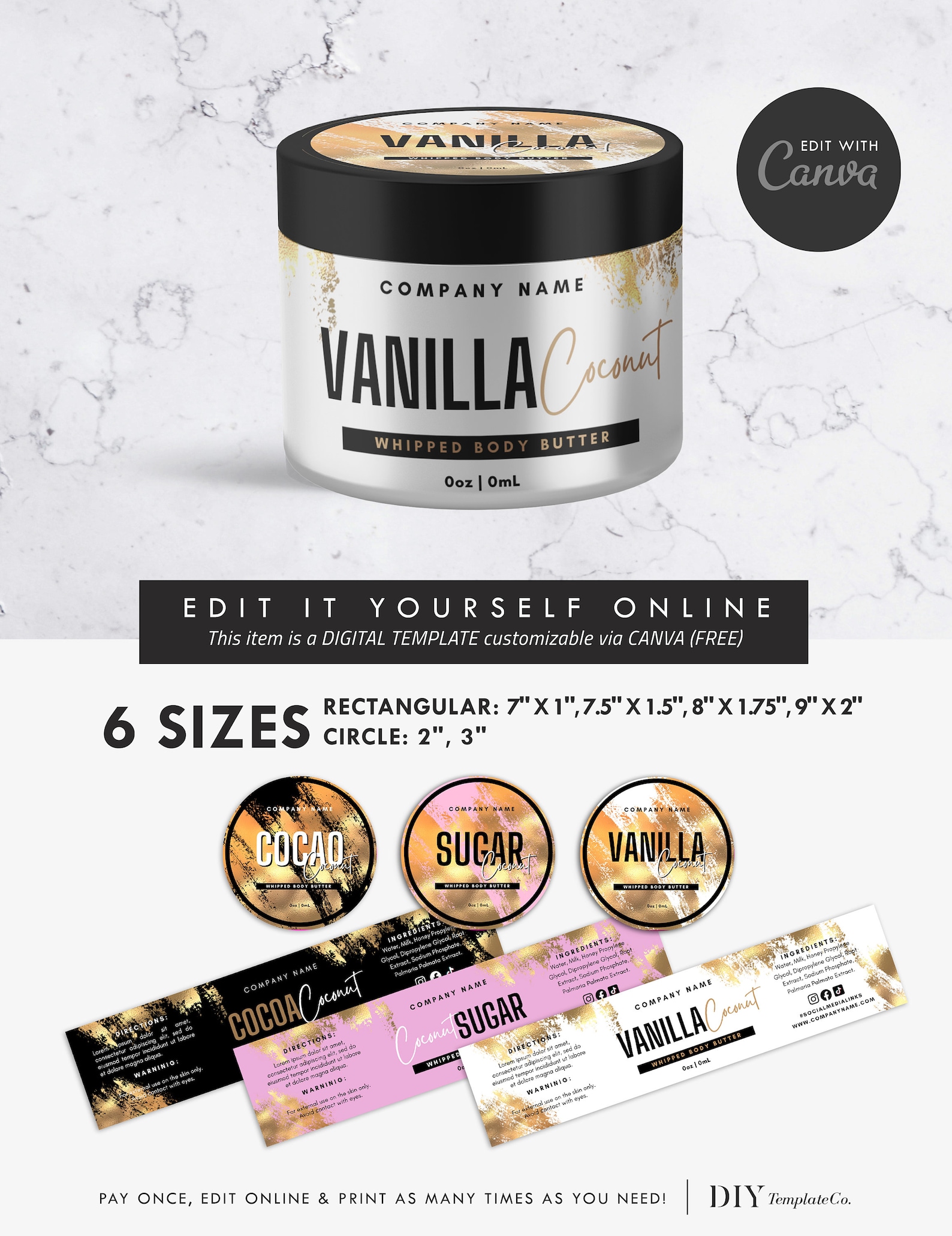 Editable Product Label Template, DIY Wrap Around Jar + Lid Label, CANVA ...