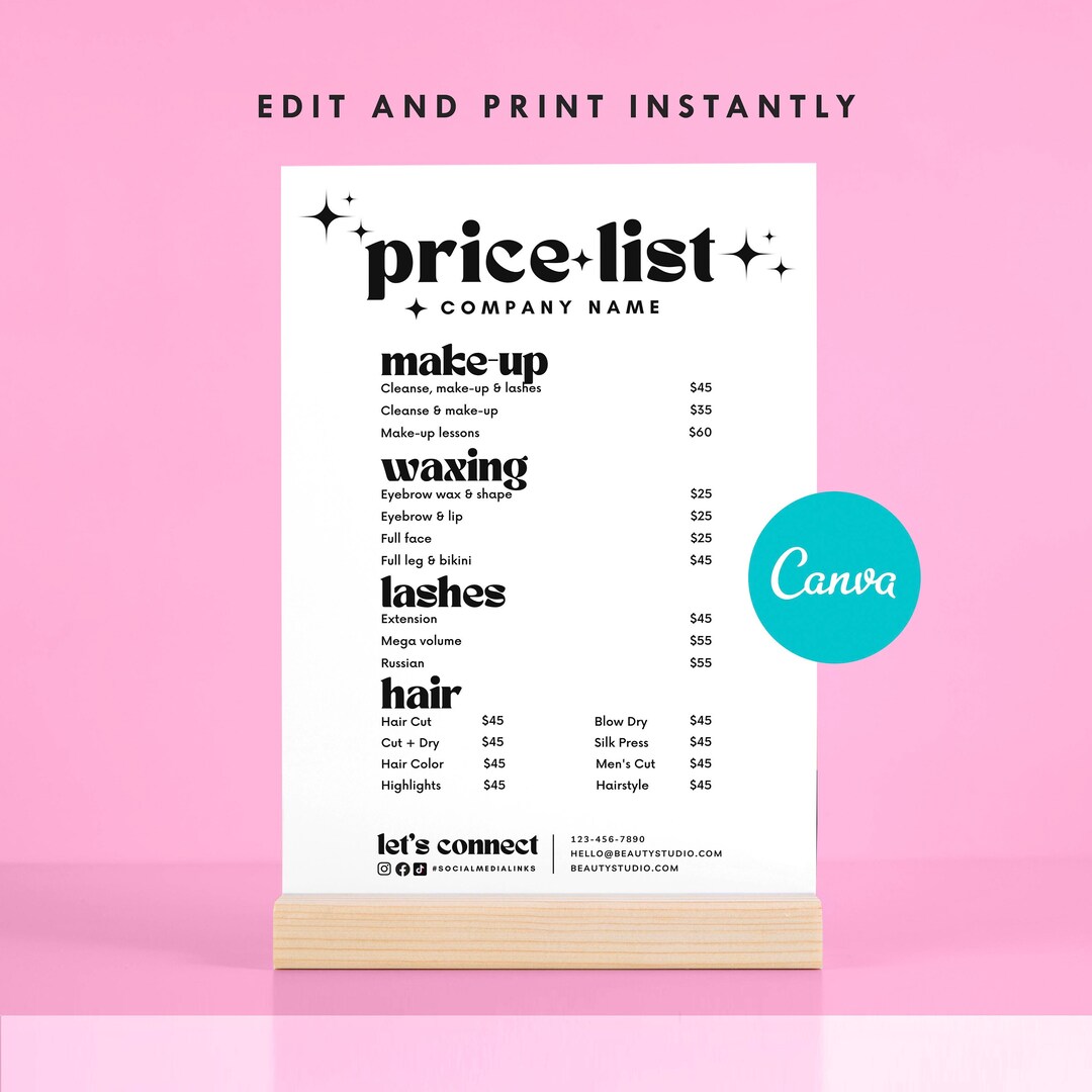 DIY Editable Price List Template, Printable Price Guide, Business ...