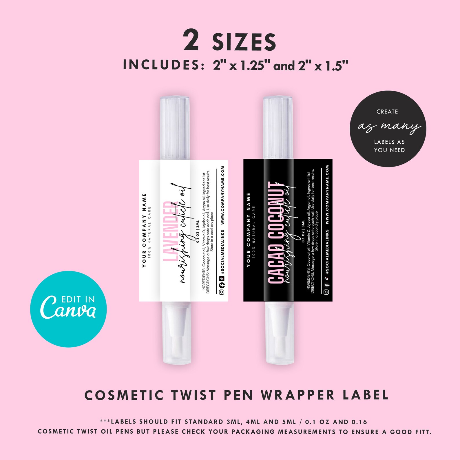 DIY Cuticle Oil Pen Label Template, Editable CANVA Cosmetic Twist Tube ...