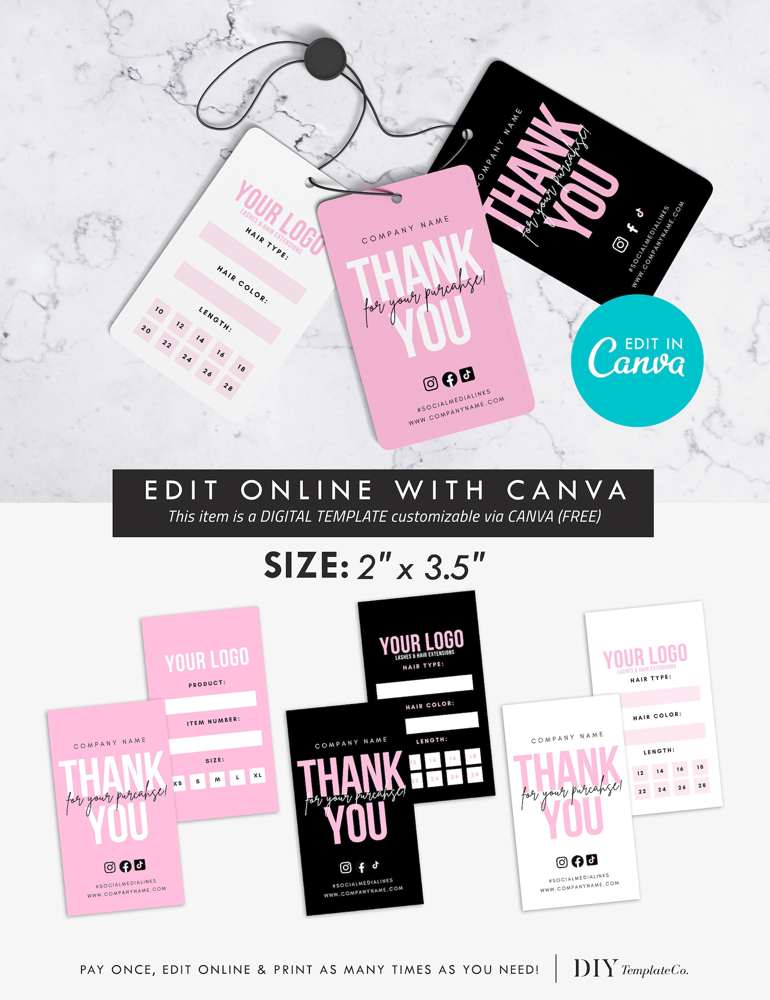 Small Business Hang Tag, Boutique Pink Clothing Tag Template, Hair ...