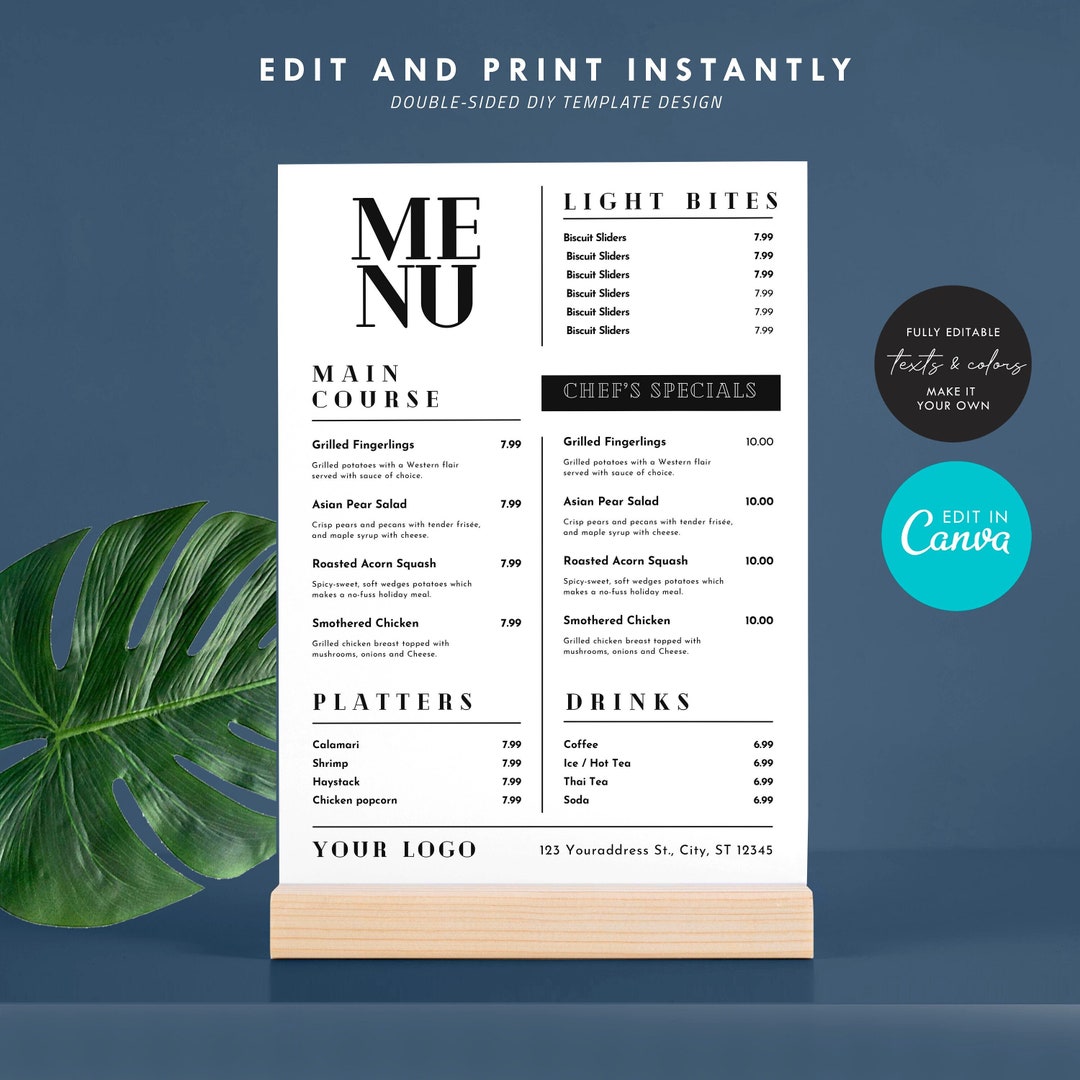 DIY Restaurant Menu, Editable Business Menu Template, Bar and Food DIY ...