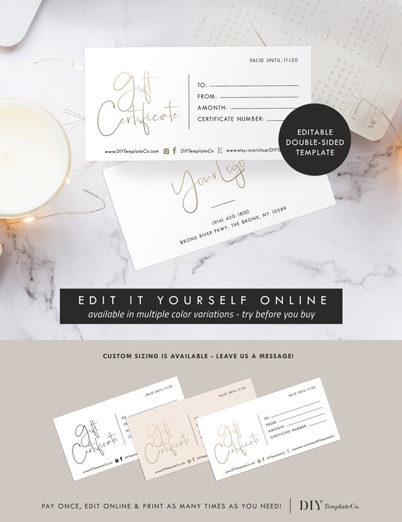 Gift Certificate Editable Gift Card Template Gift Voucher | Etsy