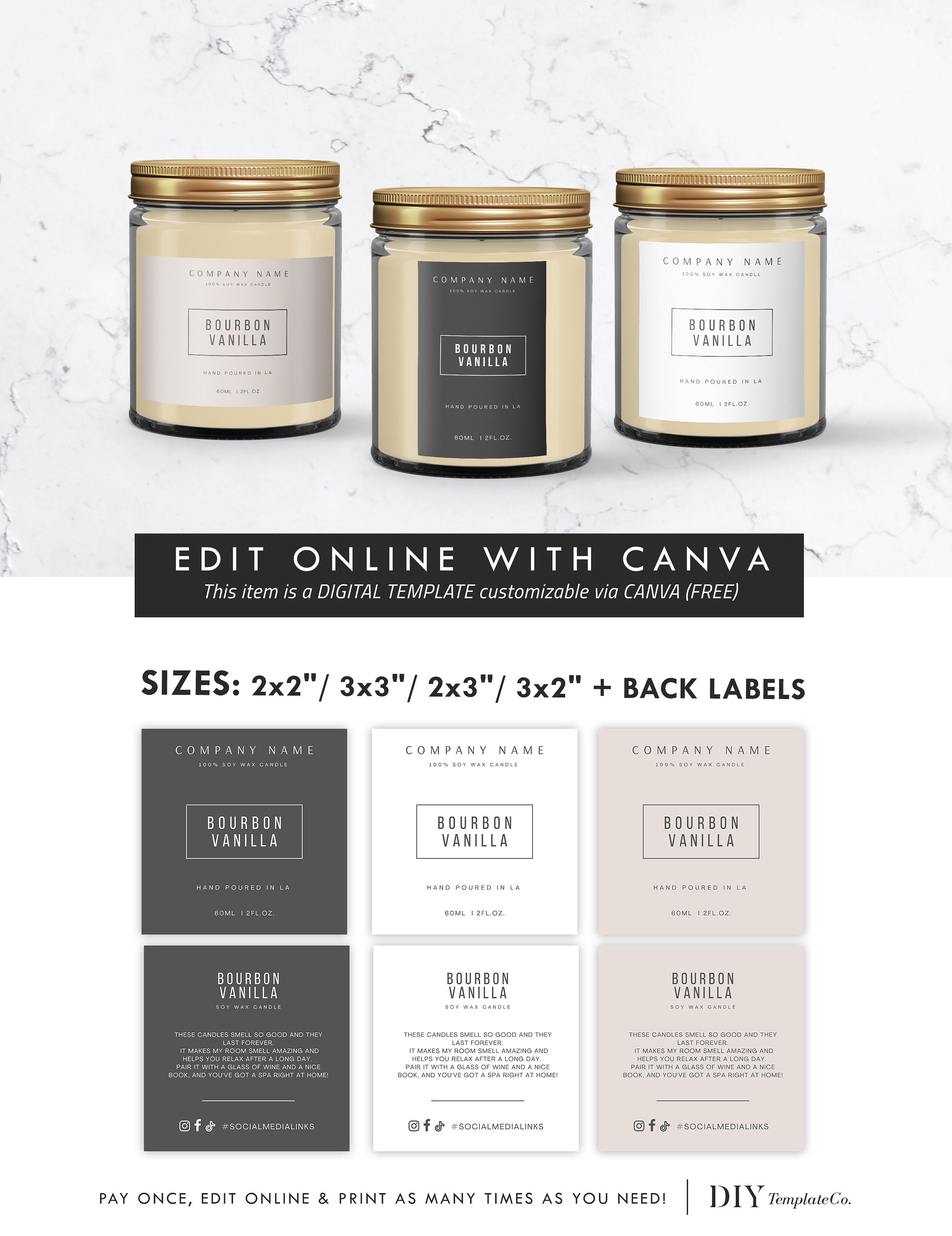 Editable Canva Label Templates DIY Candle Printable Label - Etsy Canada