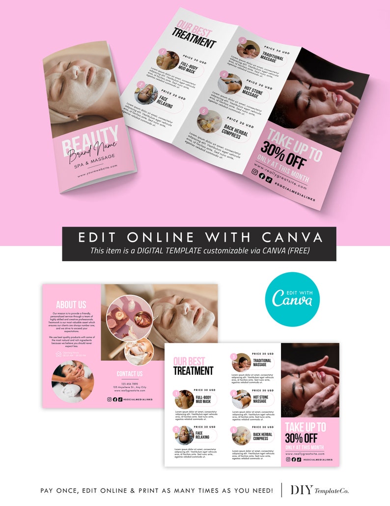 Canva DIY Trifold Brochure Template, Editable Beauty Pink Style Salon ...