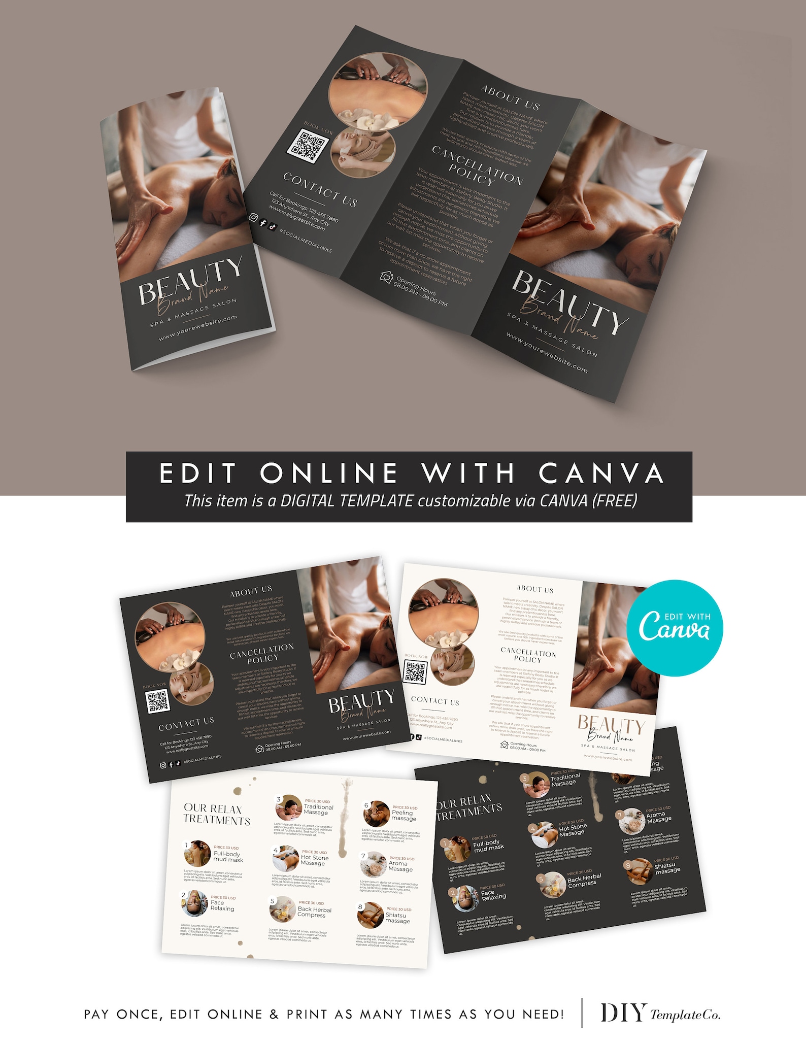Stylish Trifold Brochure Template Design, DIY Editable Beauty Salon ...