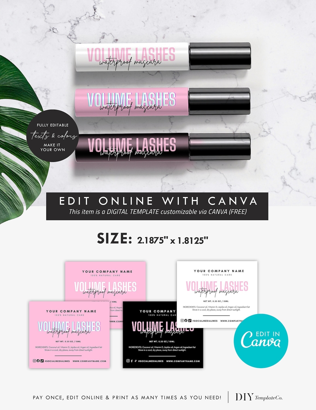 Editable Mascara Label Template, Minimalist Lip Gloss Tube Label, 10ml ...