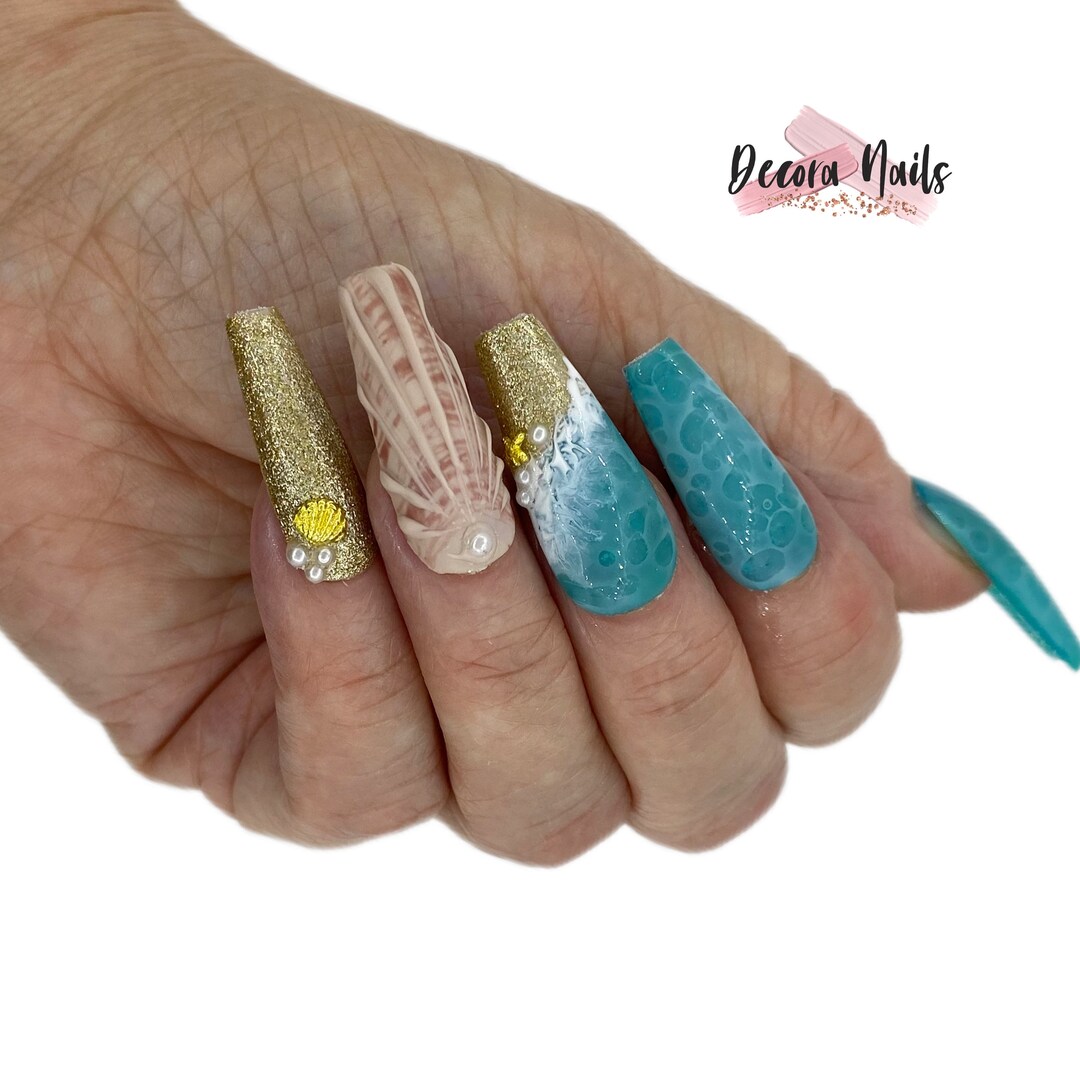 Reusable Press on Nails Summer Nails Water Effect Nails Beach Nails ...