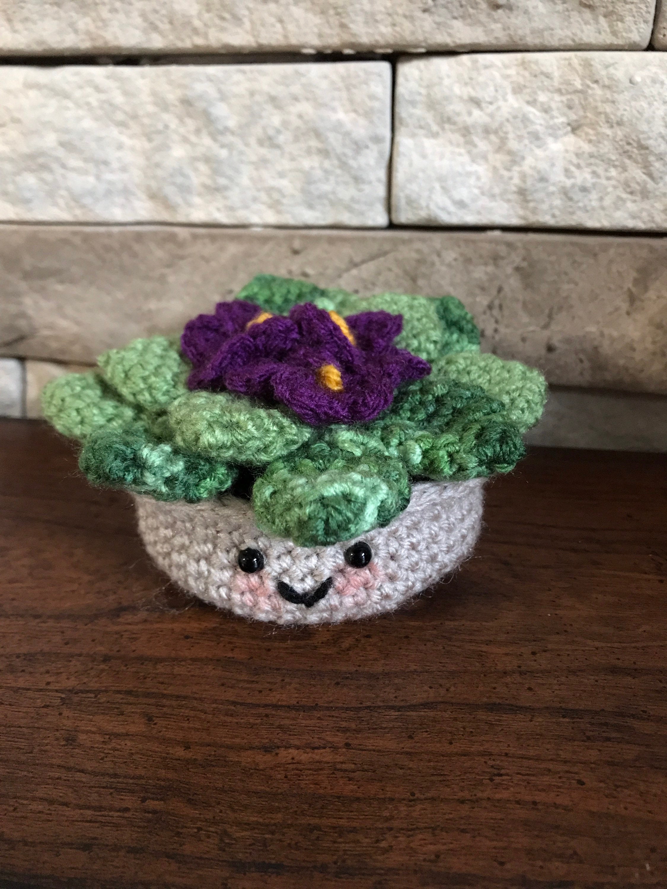 Crochet African violet amigurumi plant in a pot with face | Etsy