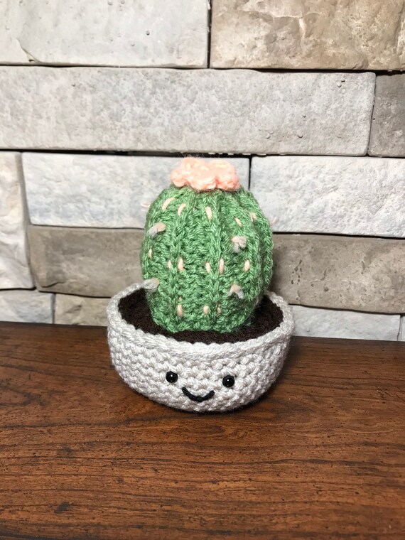 Crocheted barrel cactus in pot with face | Etsy
