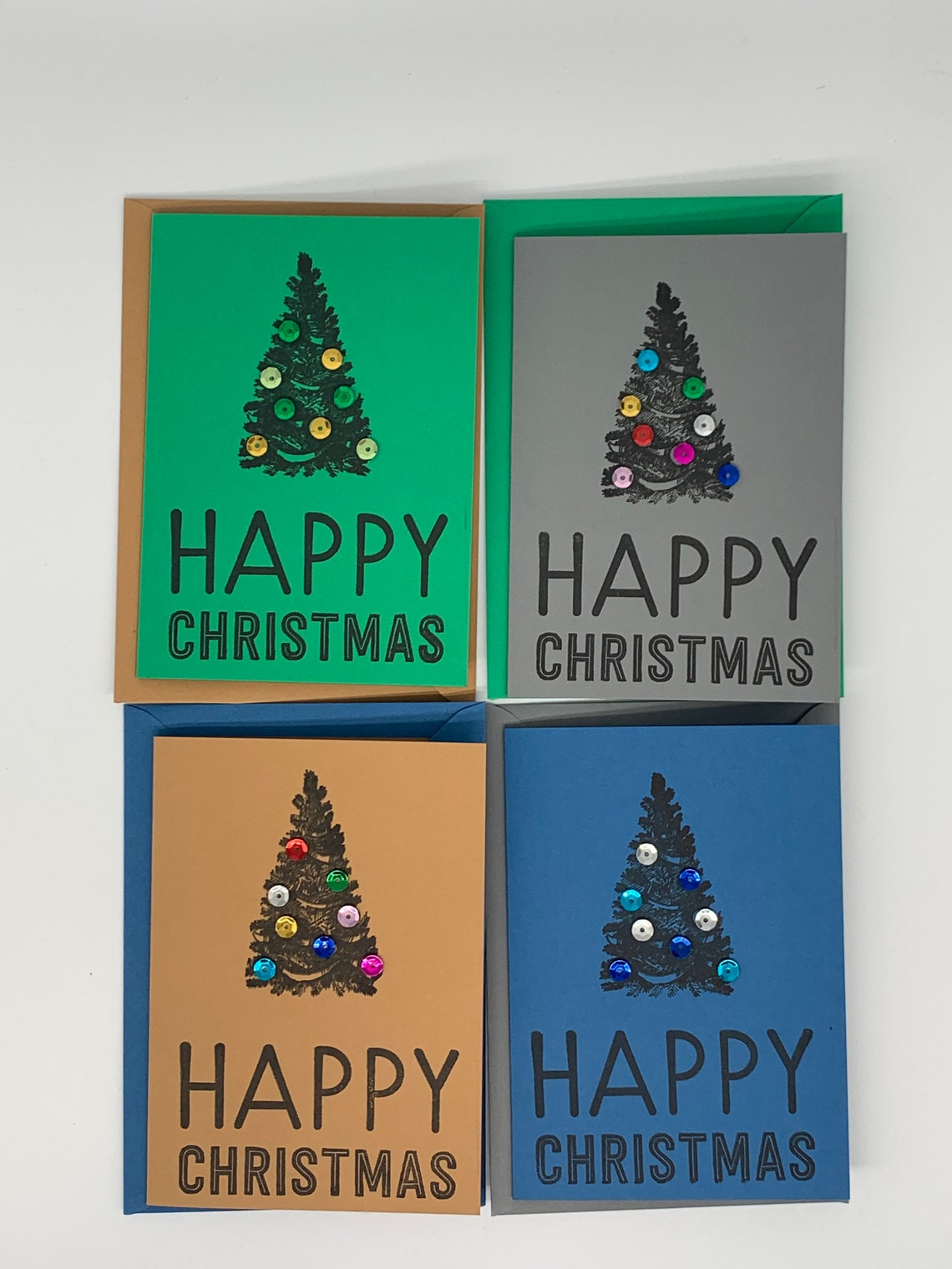 Set of 4 Handmade Sequin Christmas Tree Cards - Etsy