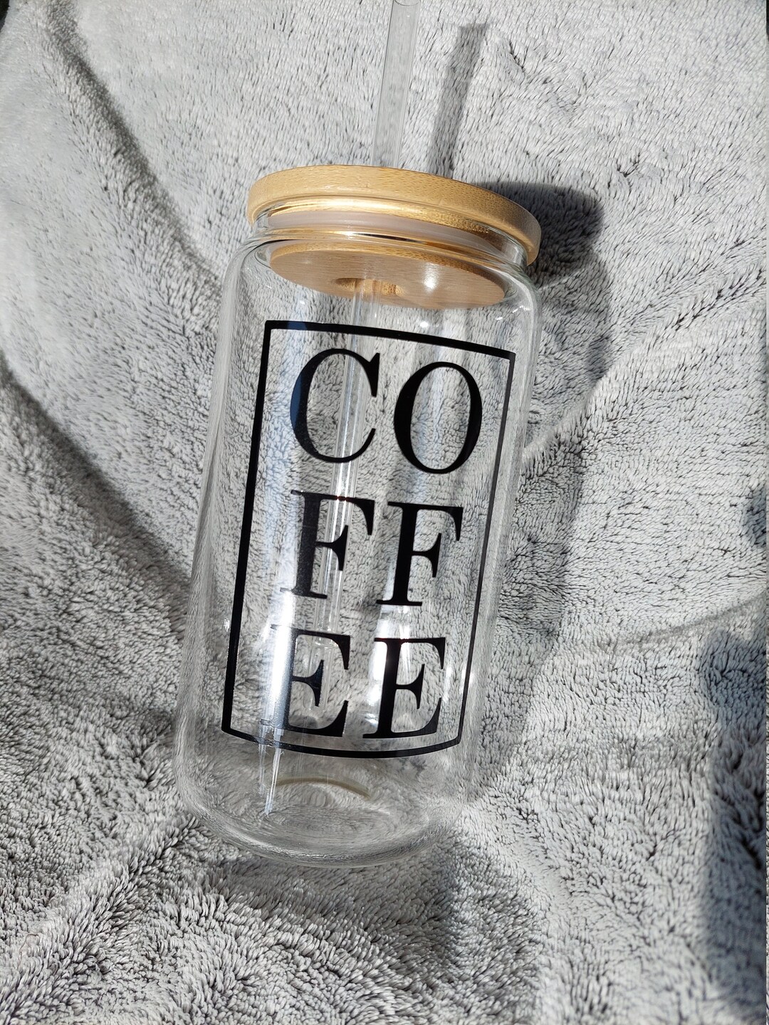 Coffee Can Shaped Glass With Bamboo Lid and Straw, Iced Coffee Glass ...