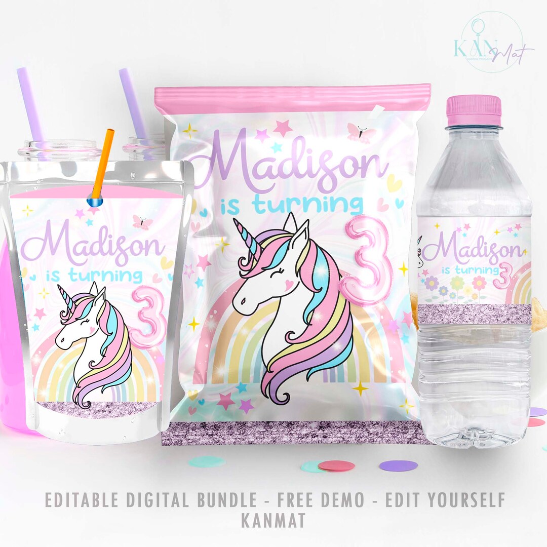 Editable BUNDLE Unicorn Magical Chip or Snacks Bag, Water Bottle Label ...