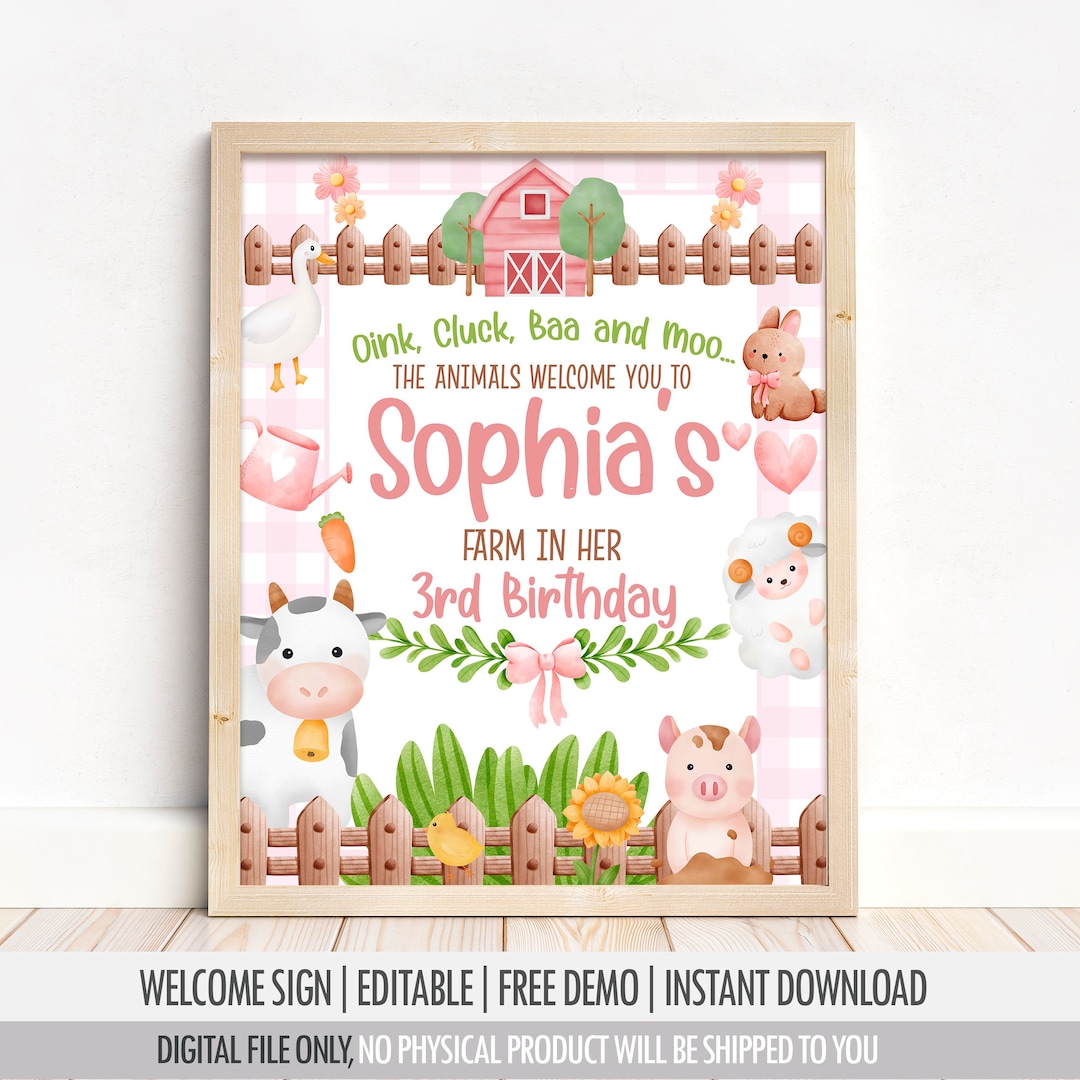 Editable Farm Birthday Welcome Sign, Farm Birthday Girl, Farm Animals ...