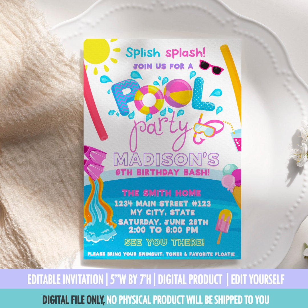 Editable Pool Birthday Invitation, Pool Invitation, Pool Template ...
