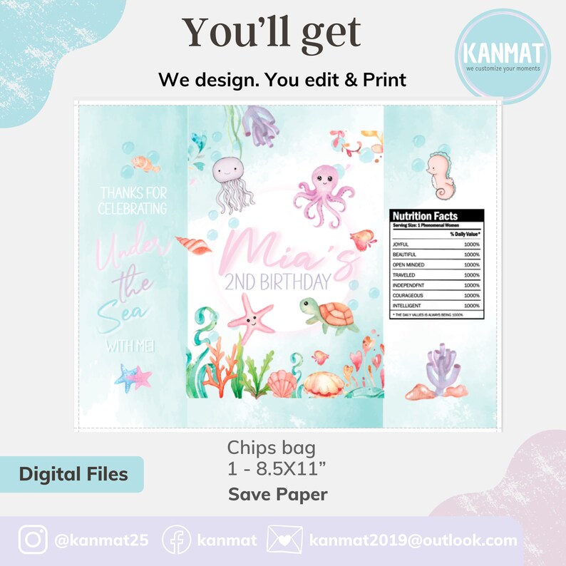 Under the Sea Chip Bag Editable Pink Ocean Animals Birthday - Etsy