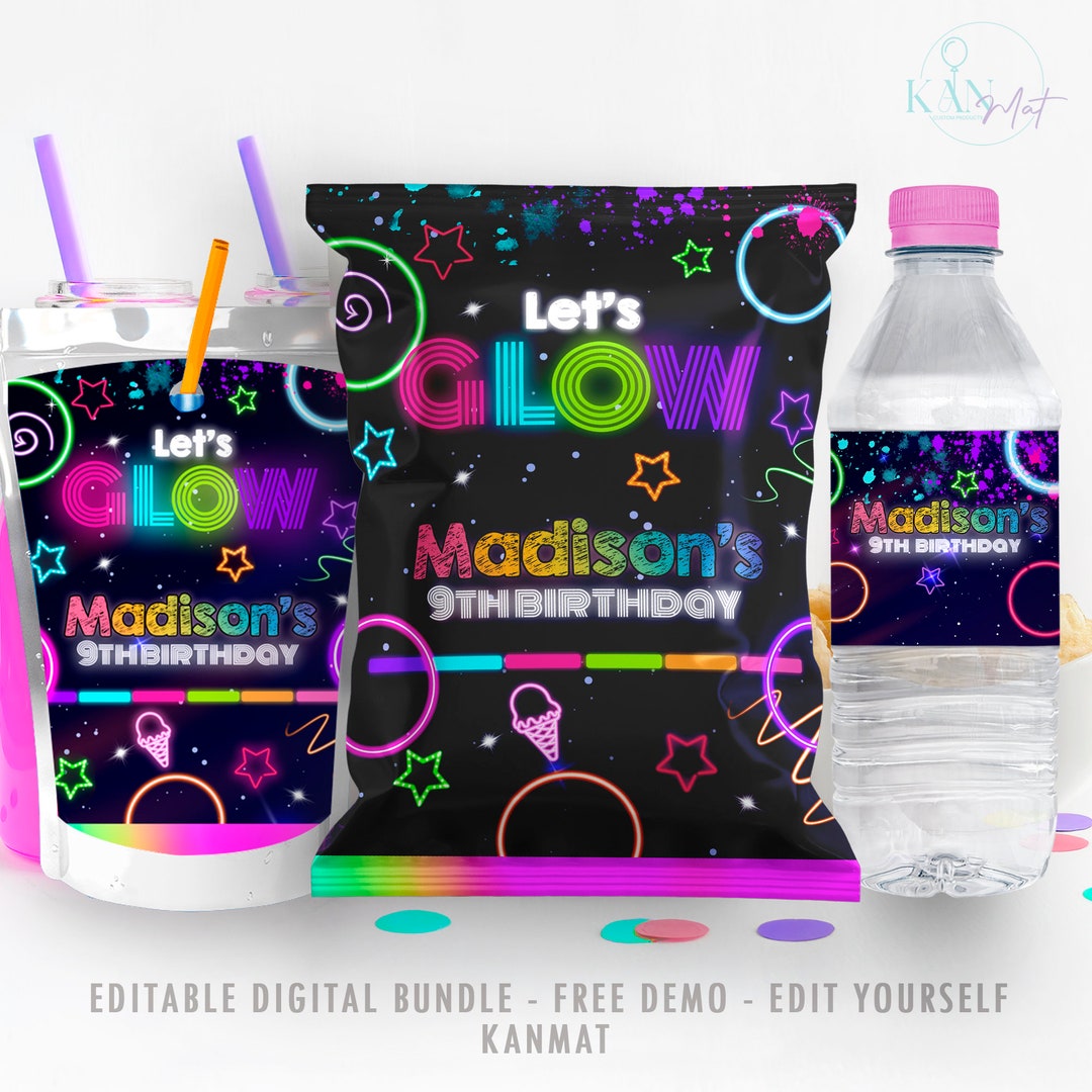 Editable Glow Birthday Decoration/glow Chips Bag/neon Party Bundle/glow ...
