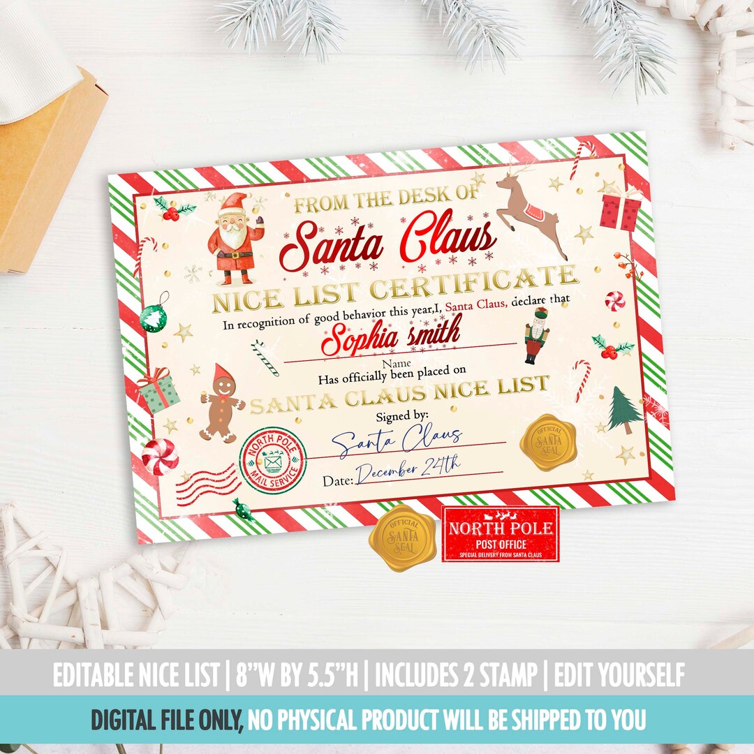 EDITABLE Santa Claus Official Nice List Certificate Letter From the ...