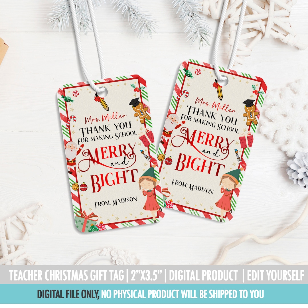 Editable Teacher Christmas Gift Tag Christmas Thank You Merry & Bright ...