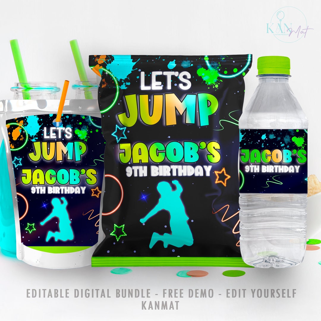 Jump and Glow Trampoline Party Bundle Glowing Birthday Labels Jump ...
