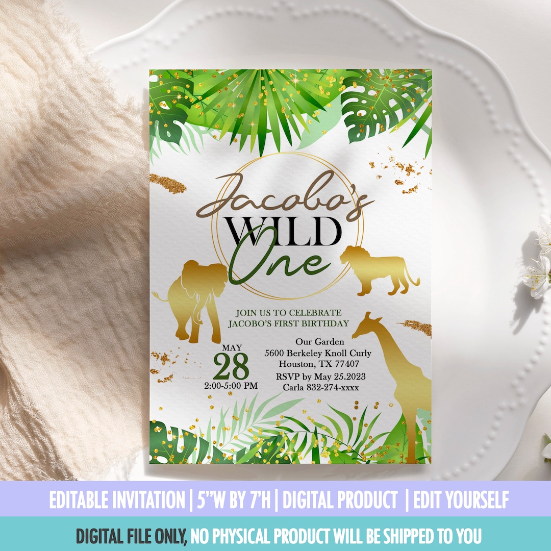 Jungle Wild One Birthday Invitation Gold Animals Safari Boy First 1st ...